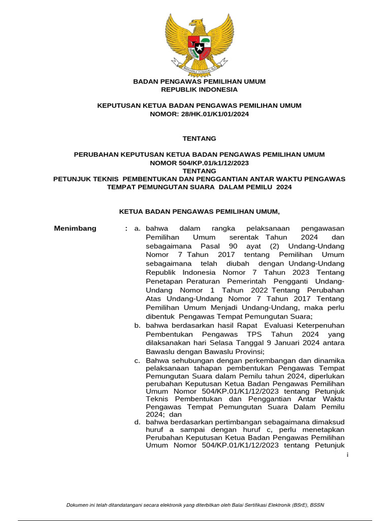 SK Dan Juknis Perubahan Juknis Pembentukan Pengawas TPS Pemilu 2024 | PDF SK Dan Juknis Perubahan Juknis Pembentukan Pengawas TPS Pemilu 2024 | PDF