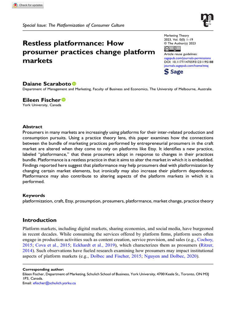 Scaraboto Fischer 2023 Restless Platformance How Prosumer Practices Change Platform Markets ...
