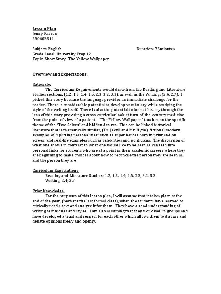 Lesson Plan Yellow Wallpaper | PDF | Lesson Plan | Narration