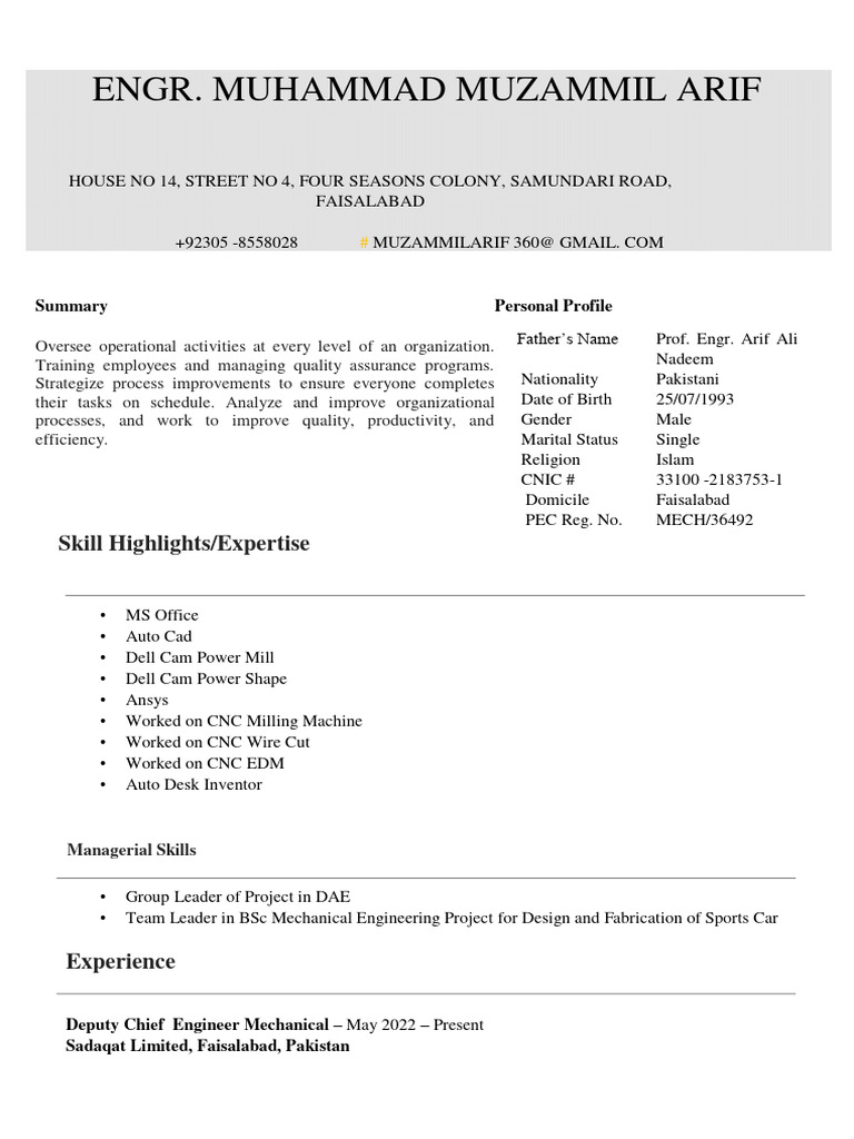 Engr. Muzammil Arif CV | PDF | Mechanical Engineering | Engineering