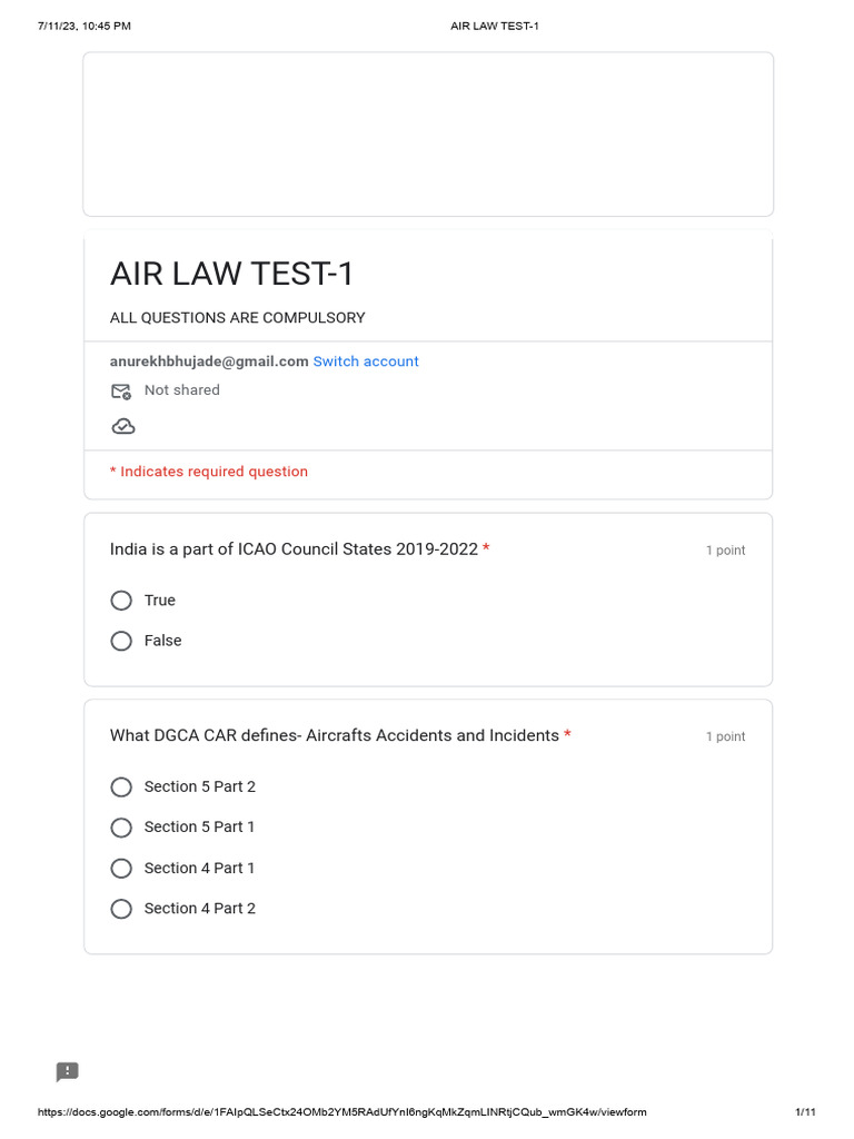 AIR LAW TEST-1 Que | PDF | Aviation | Aviation Safety