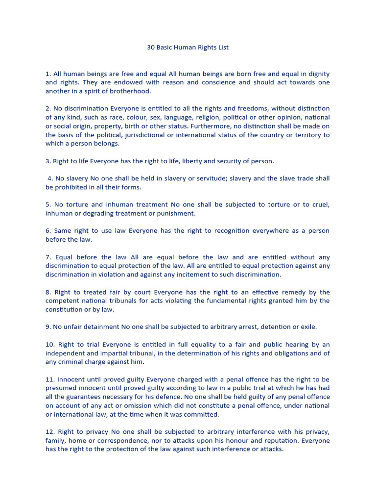 30 Basic Human Rights List | PDF | Discrimination | Human Rights