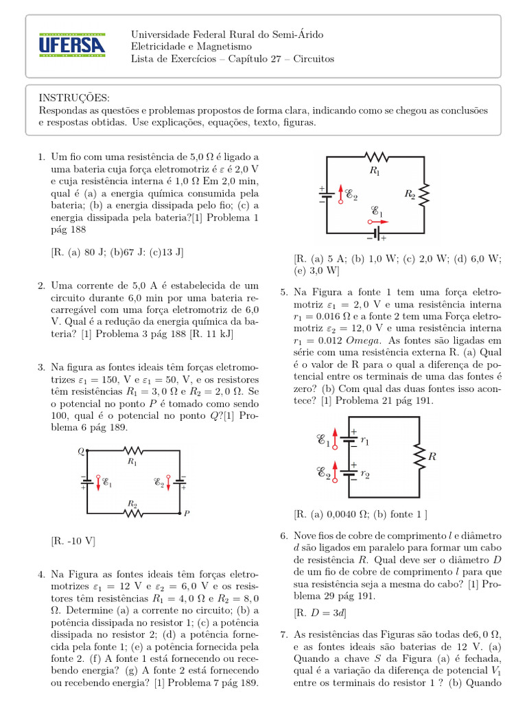 Lista de Exercícios - CAP 27 - Circuitos | PDF | Resistência elétrica e condutividade | Rede ...