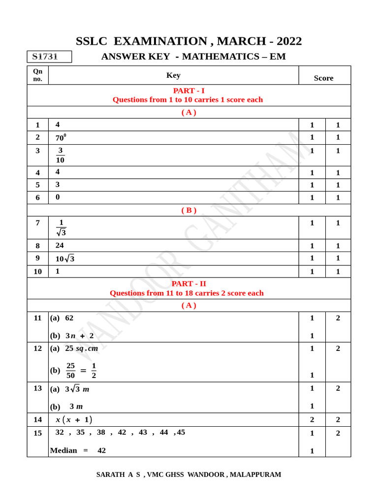 SSLC 2022 Maths Exam Answer Key | PDF | Elementary Mathematics ...