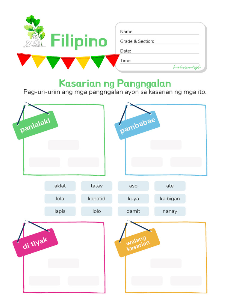 HuntersWoodsPH - Filipino - Kasarian NG Pangngalan - Worksheet For ...