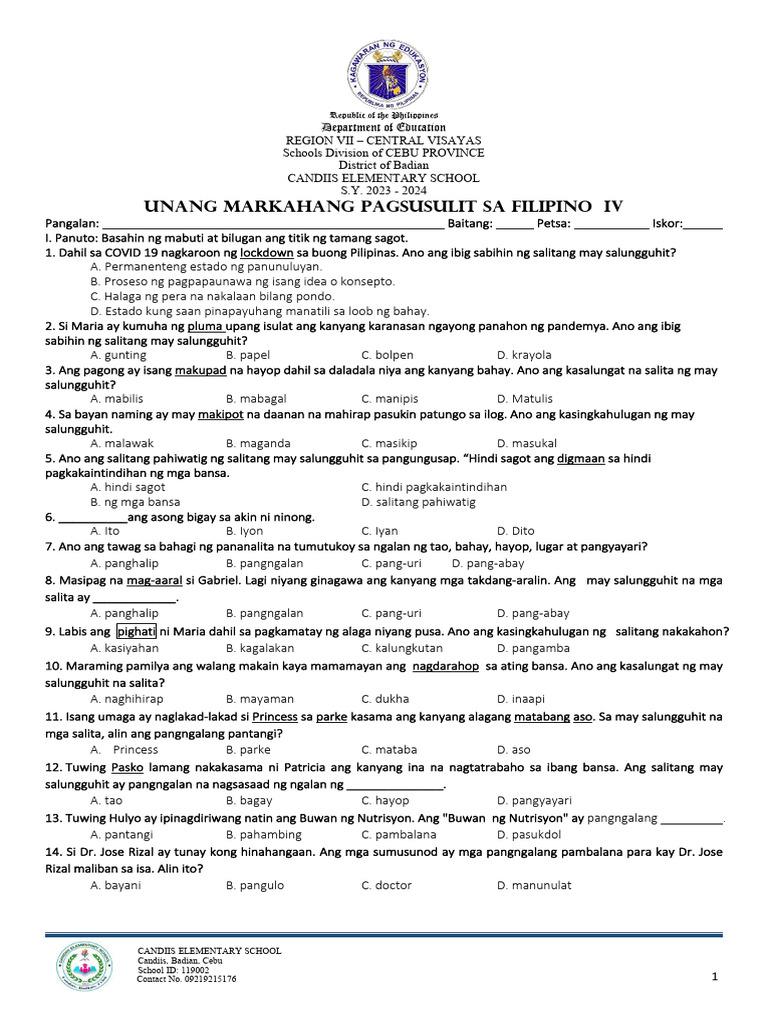 1st PERIODICAL TEST SA FILIPINO 4 | PDF