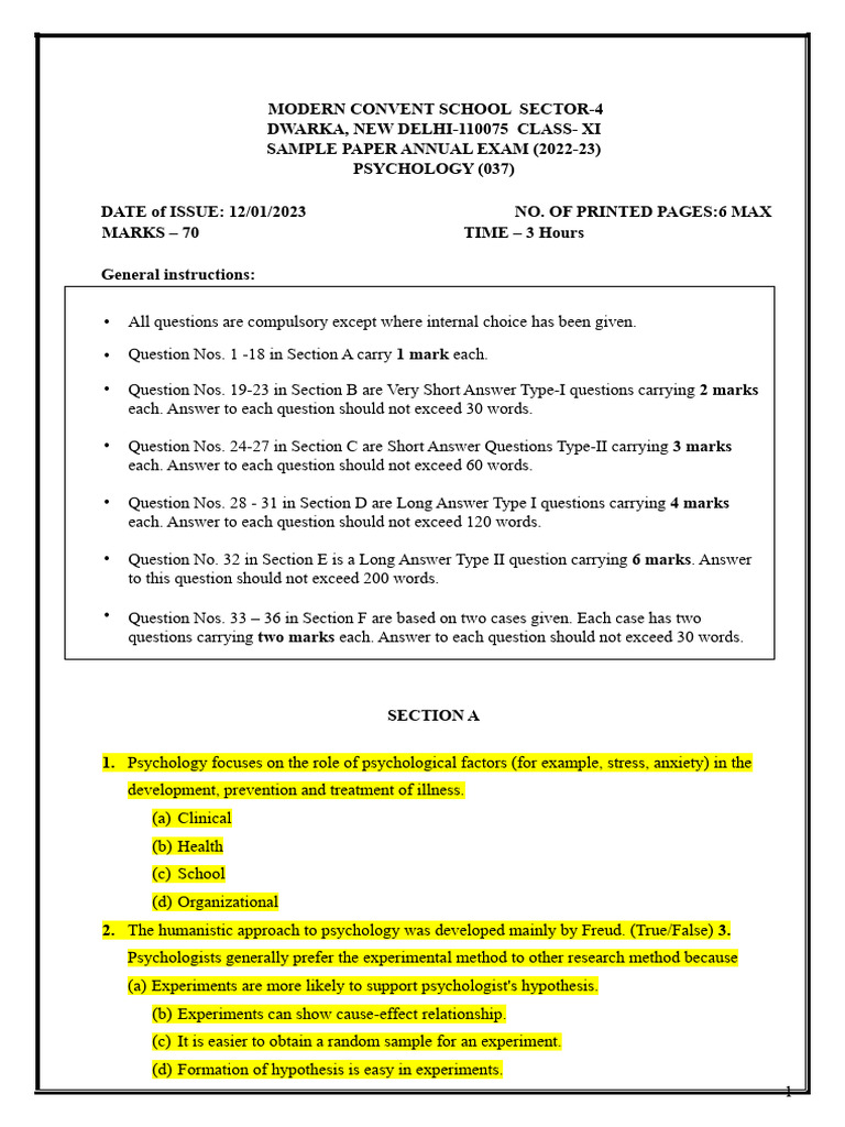 Xi Sample Paper | PDF | Perception | Psychology