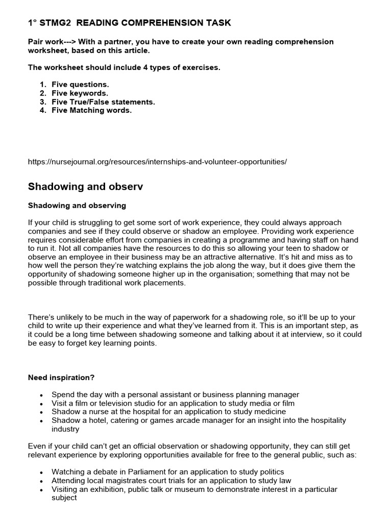 Shadowing & Volunteering Guide | PDF | Reading Comprehension | Experience