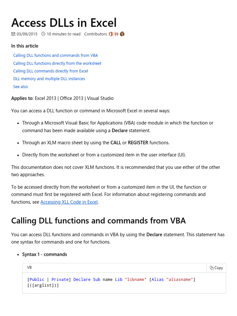 Access Dlls In Excel Microsoft Docs Pdf Microsoft Excel Pointer 9584