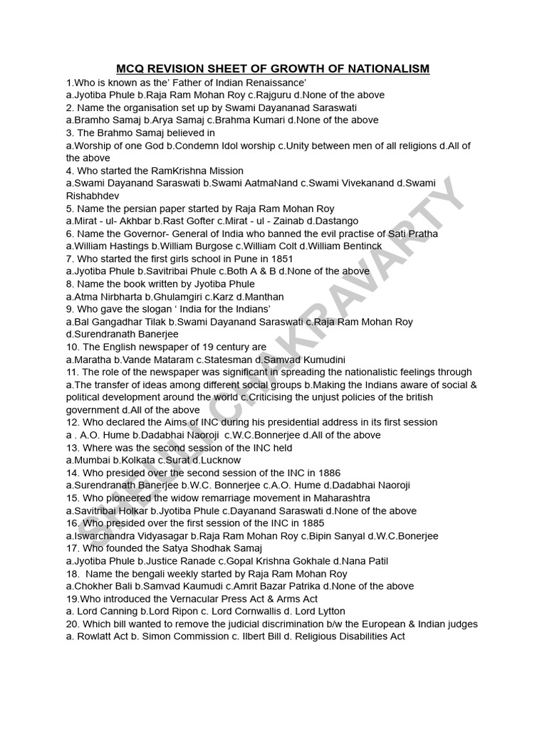 MCQ Revision Sheet of Growth of Nationalism | PDF | Indian Religions ...
