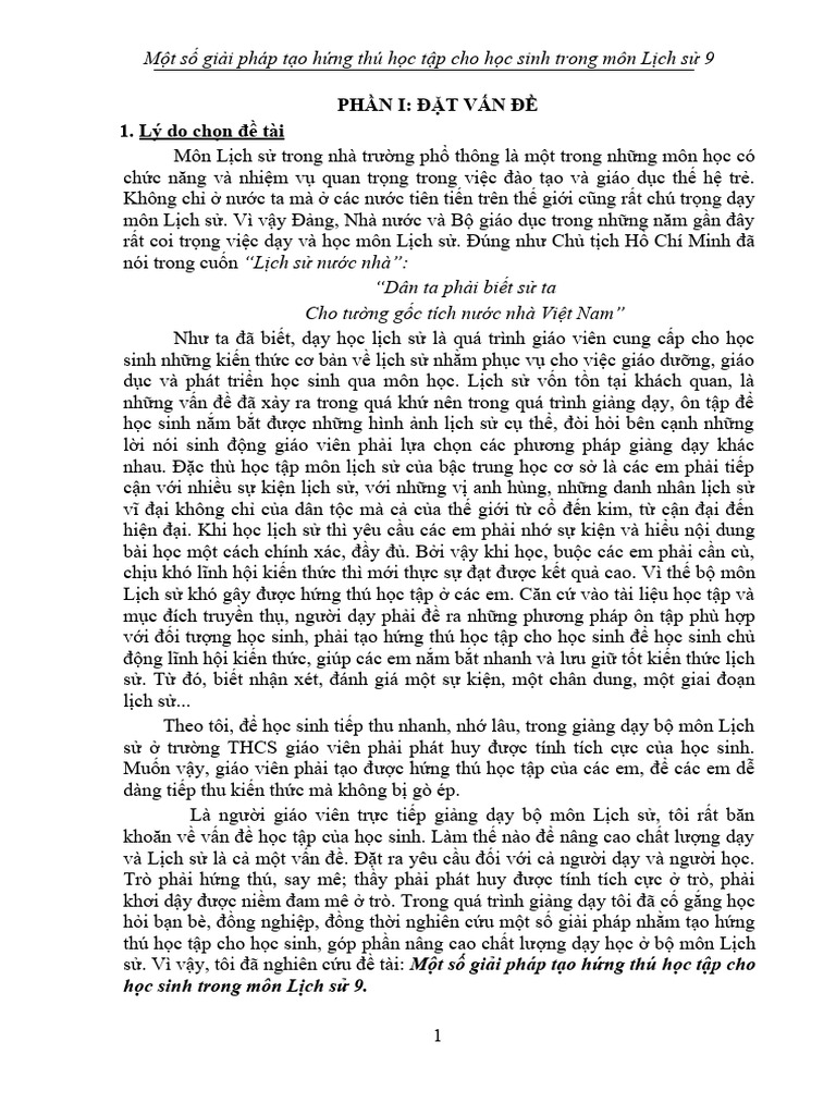 SKKN Mot So Giai Phap Tao Hung Thu Hoc Tap Cho Hoc Sinh Trong Mon Lich Su 9 | PDF