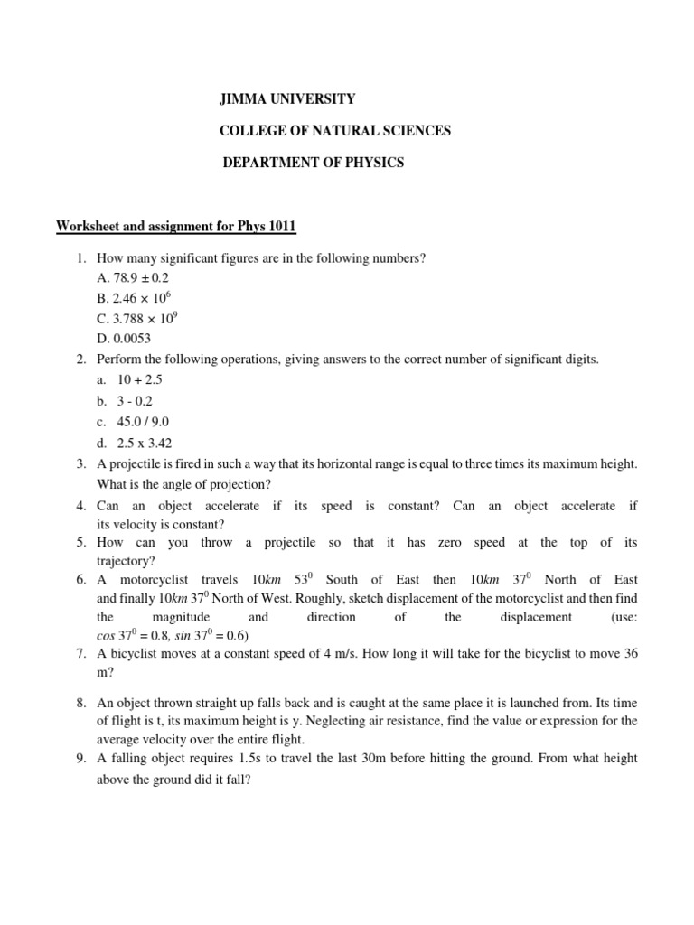 Worksheet Phys 1011 | PDF | Force | Acceleration