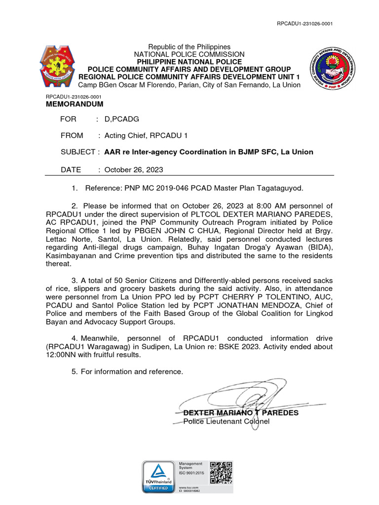 AAR on PNP Community Outreach in La Union | PDF