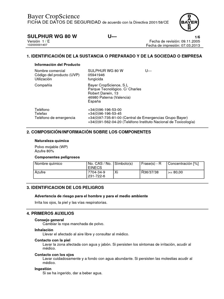 Ficha Técnica Sulfodin 80 WG | PDF | Agua | Contaminación