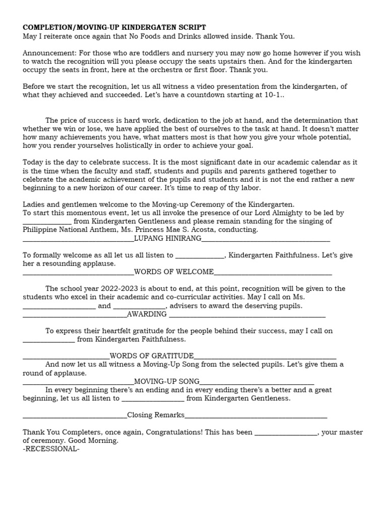 2023 English Kindergarten Moving-Up Script | PDF