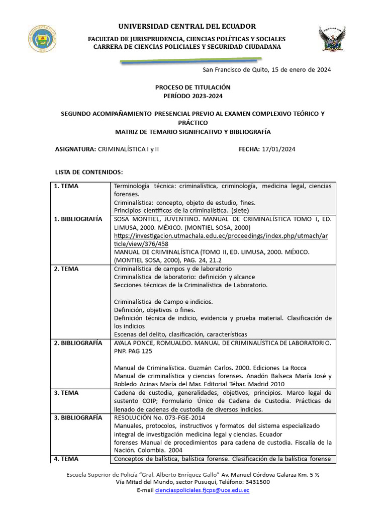 01 MATRIZ DE TEMAS ESPECÍFICOS Y BIBLIOGRAFÍA CRIMINALÍSTICA I y II ENE ...