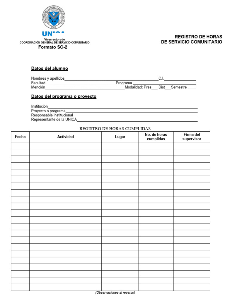 Formato SC-2 Registro y control de horas - copia | PDF