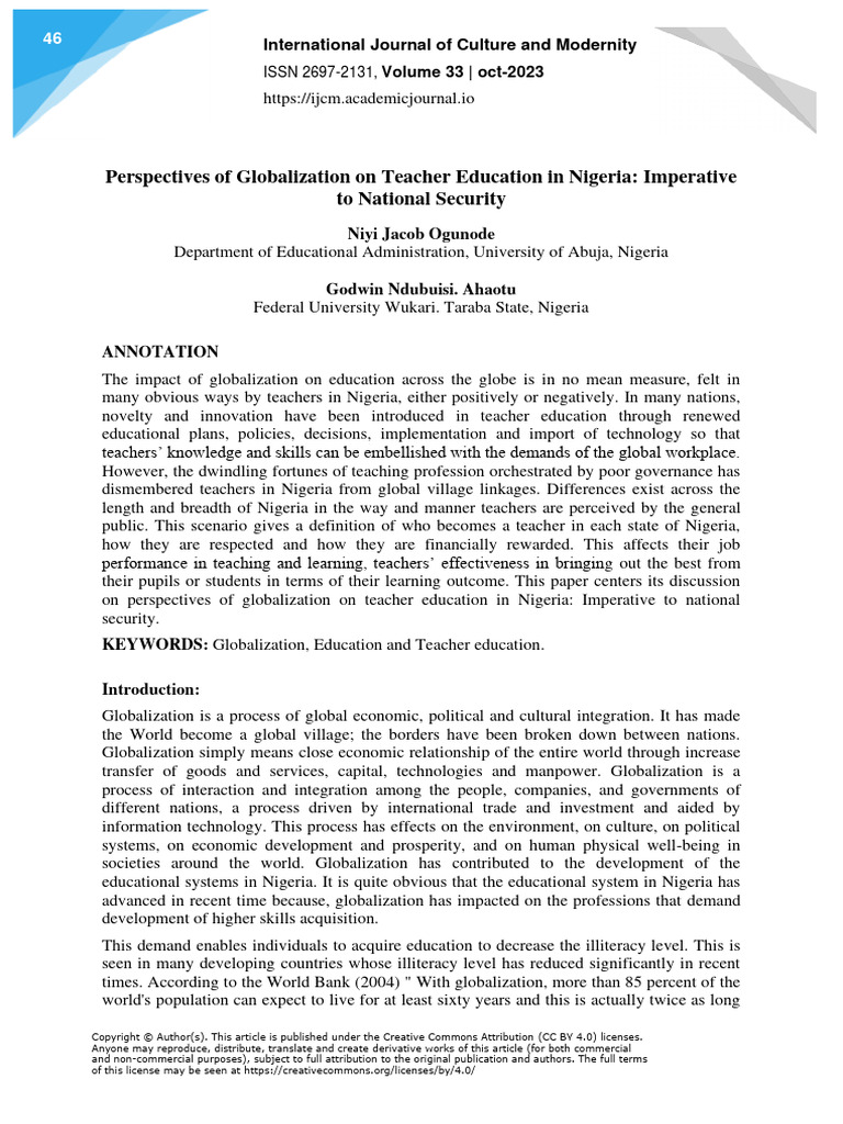 Perspectives of Globalization On Teacher Education in Nigeria ...