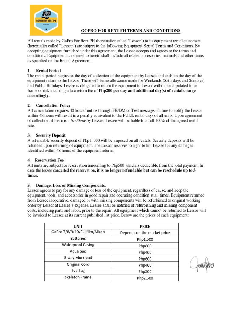 GoPro Rental Terms and Conditions | PDF | Lease | Renting