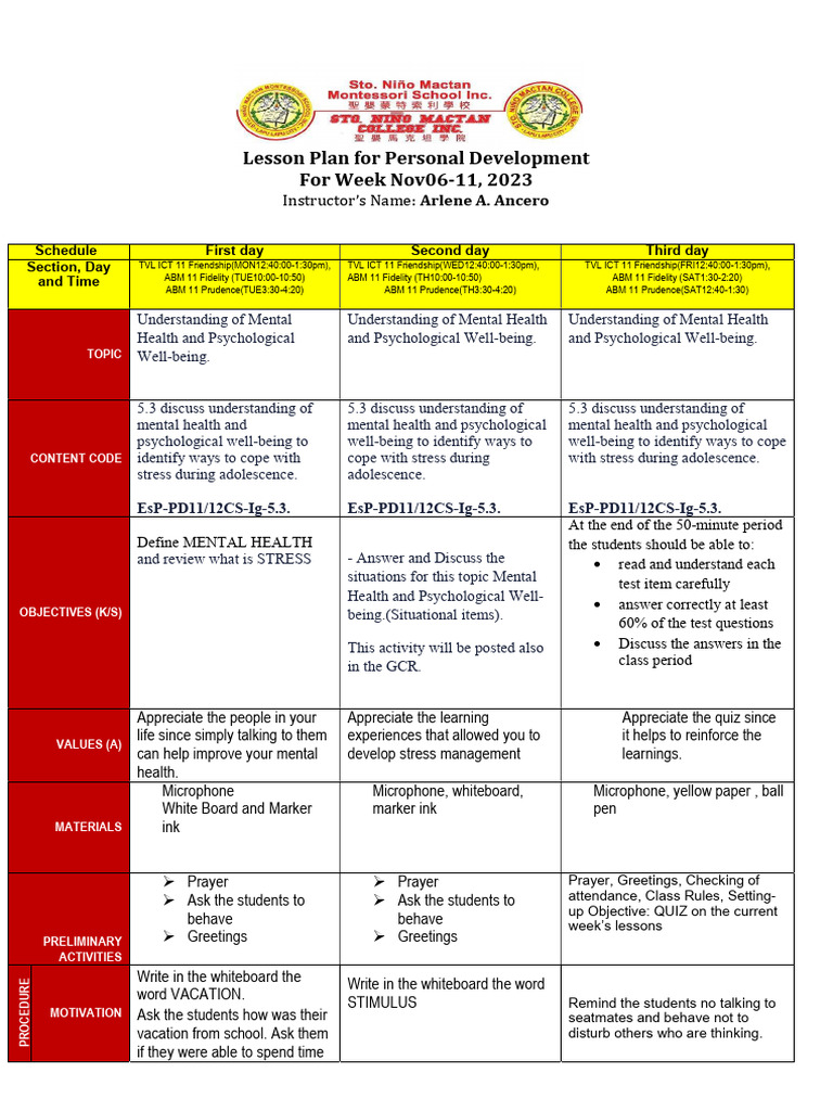 Lesson Plan PerDev 2023 MWF TTHS Nov06-11 Day 1 Day 2 and Day 3 | PDF | Mental Health | Stress ...