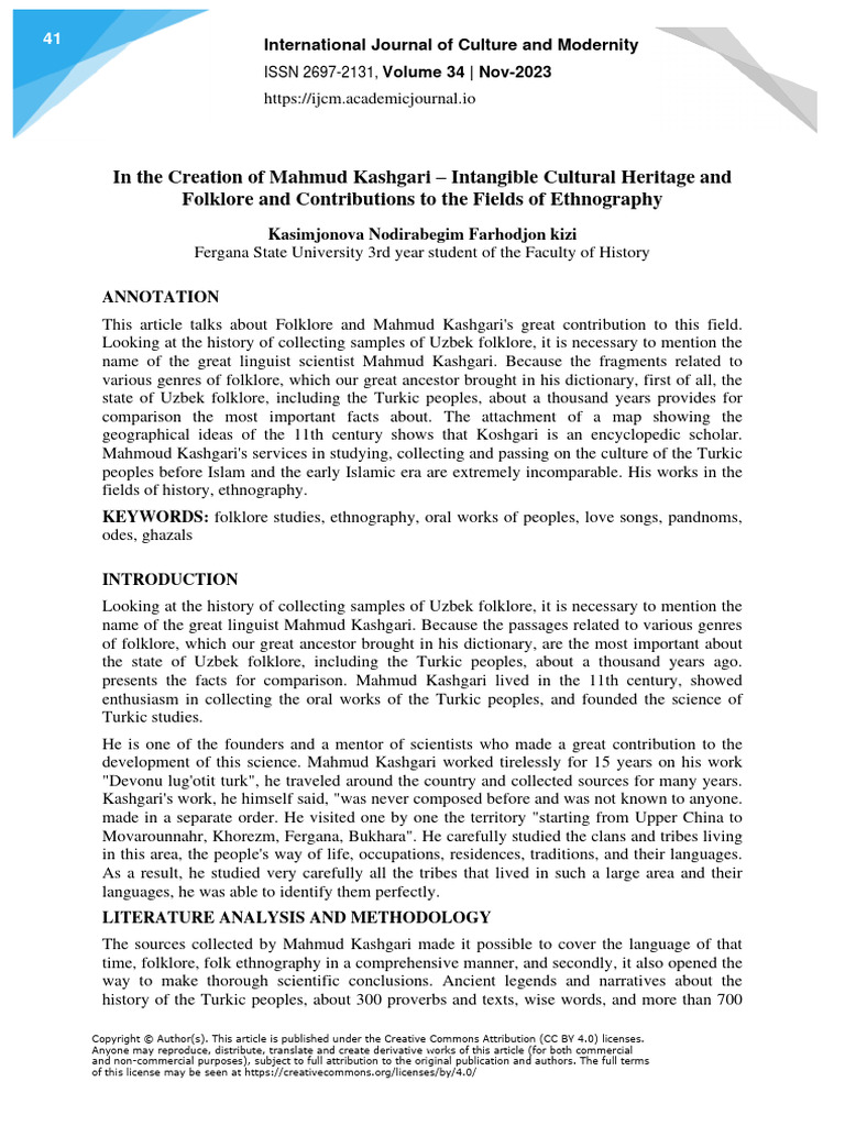 In The Creation of Mahmud Kashgari Intangible Cultural Heritage and Folklore and Contributions ...
