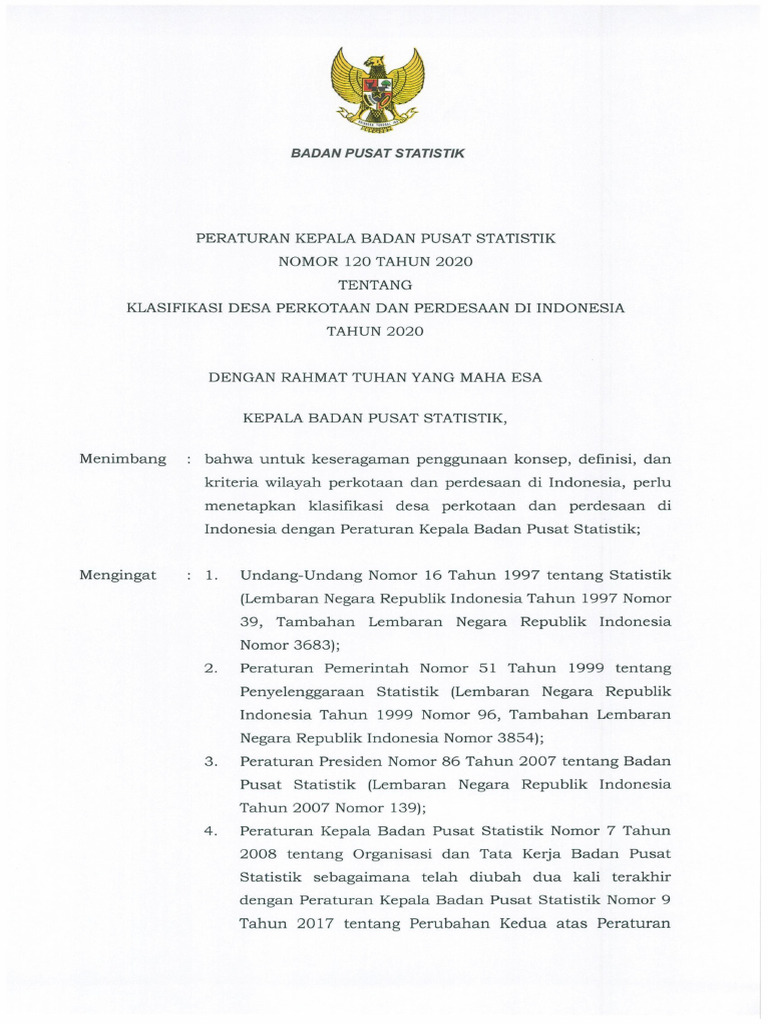 Perka BPS Nomor 120 Tahun 2020 Tentang Klasifikasi Desa Perkotaan Dan Perdesaan Di Indonesia ...
