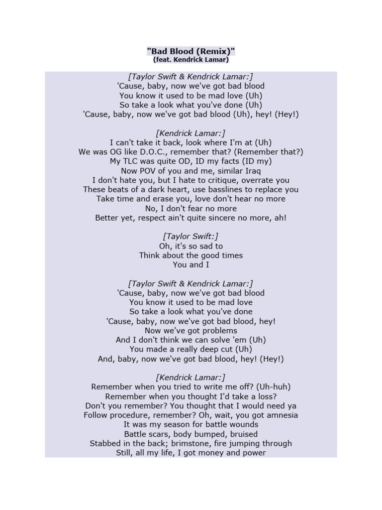 Bad Blood Lyrics: Taylor Swift & Kendrick | PDF