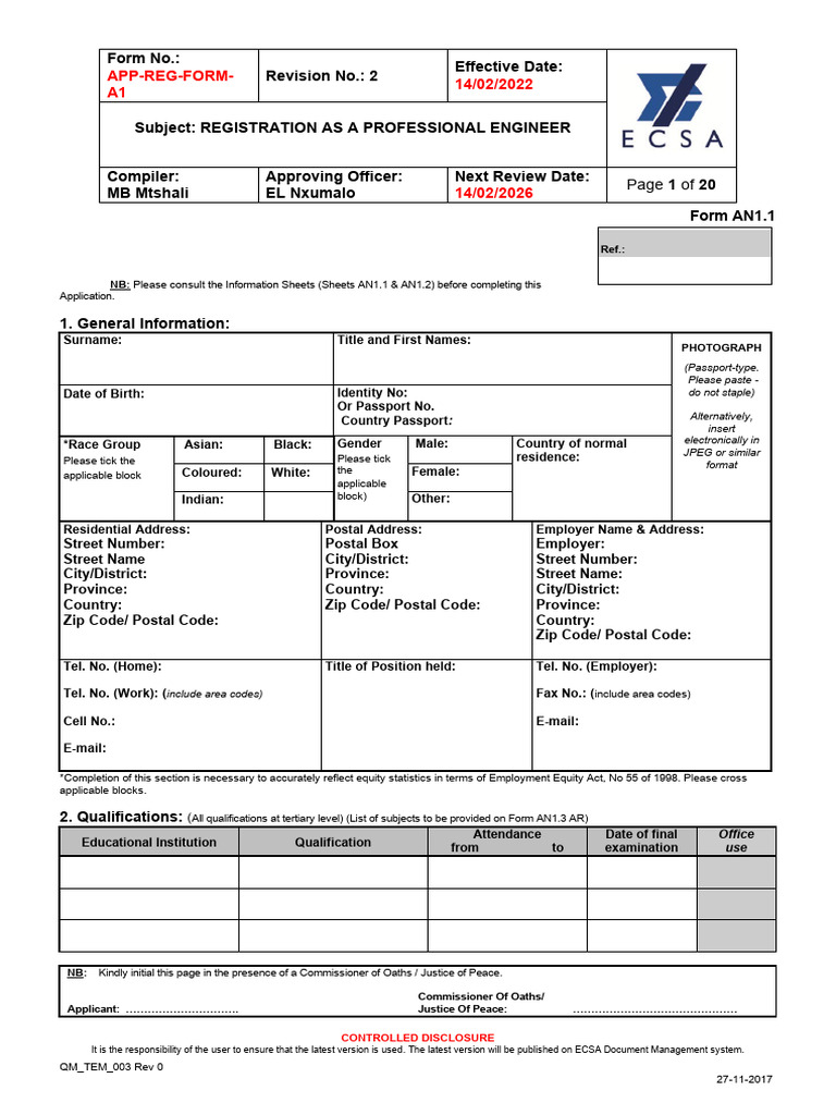 Professional Engineer Registration Form A1 | PDF | Engineering ...