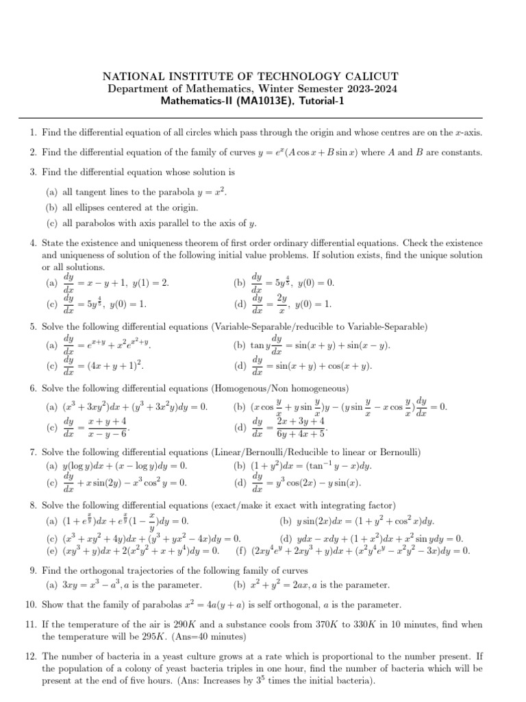 Tutorial 1 | PDF | Differential Equations | Equations