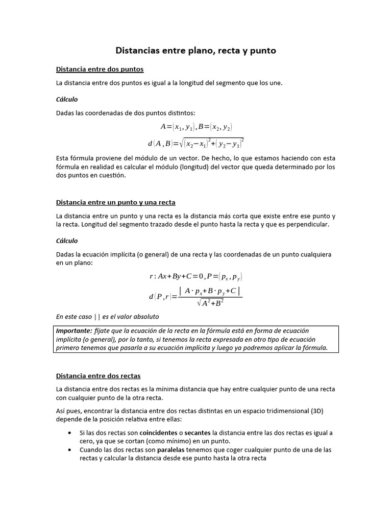 Distancias entre rectas, planos y puntos | PDF | Vector Euclidiano ...