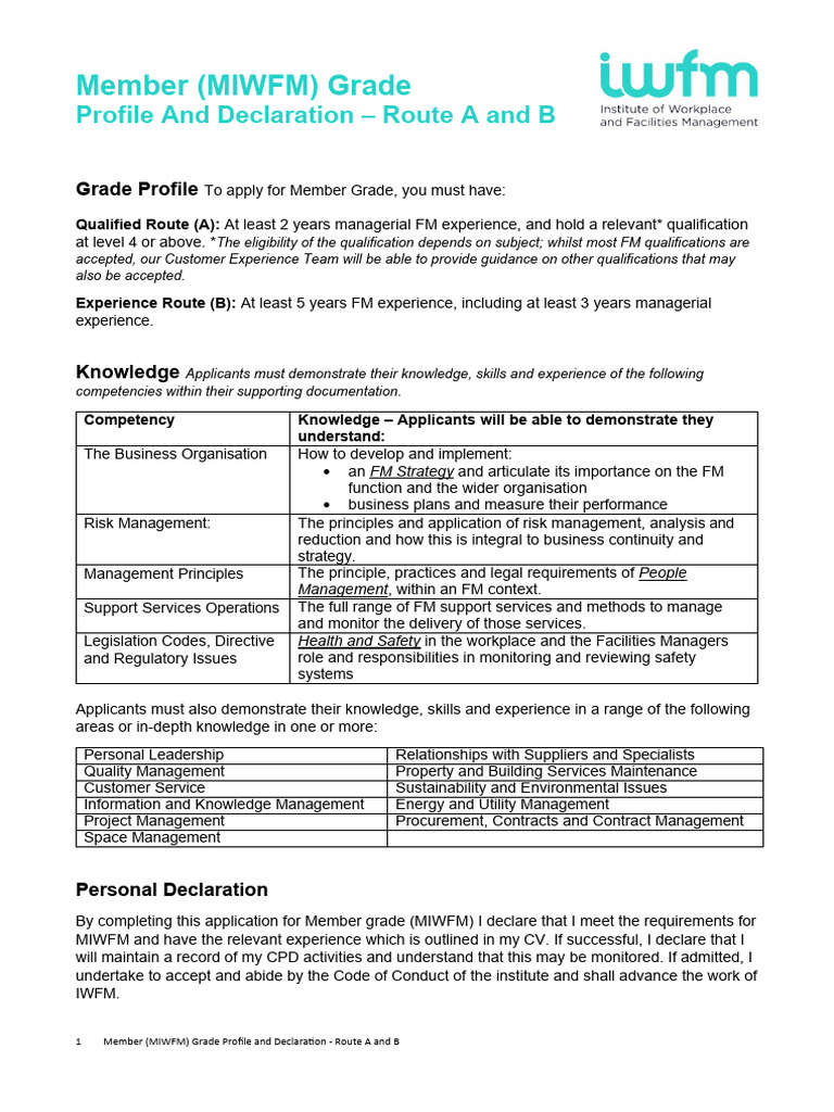 IWFM Member Grade Declaration Form | PDF | Risk Management | Business