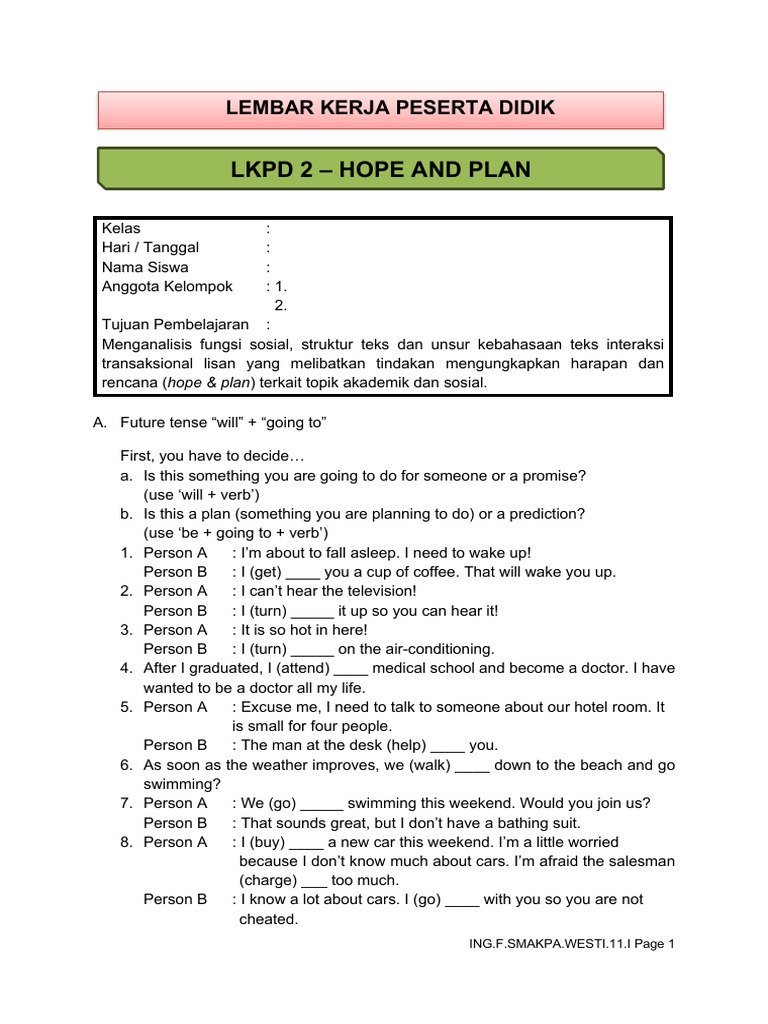LKPD 2 Hope and Plan Blok II | PDF | Language Arts & Discipline | Foreign Language Studies