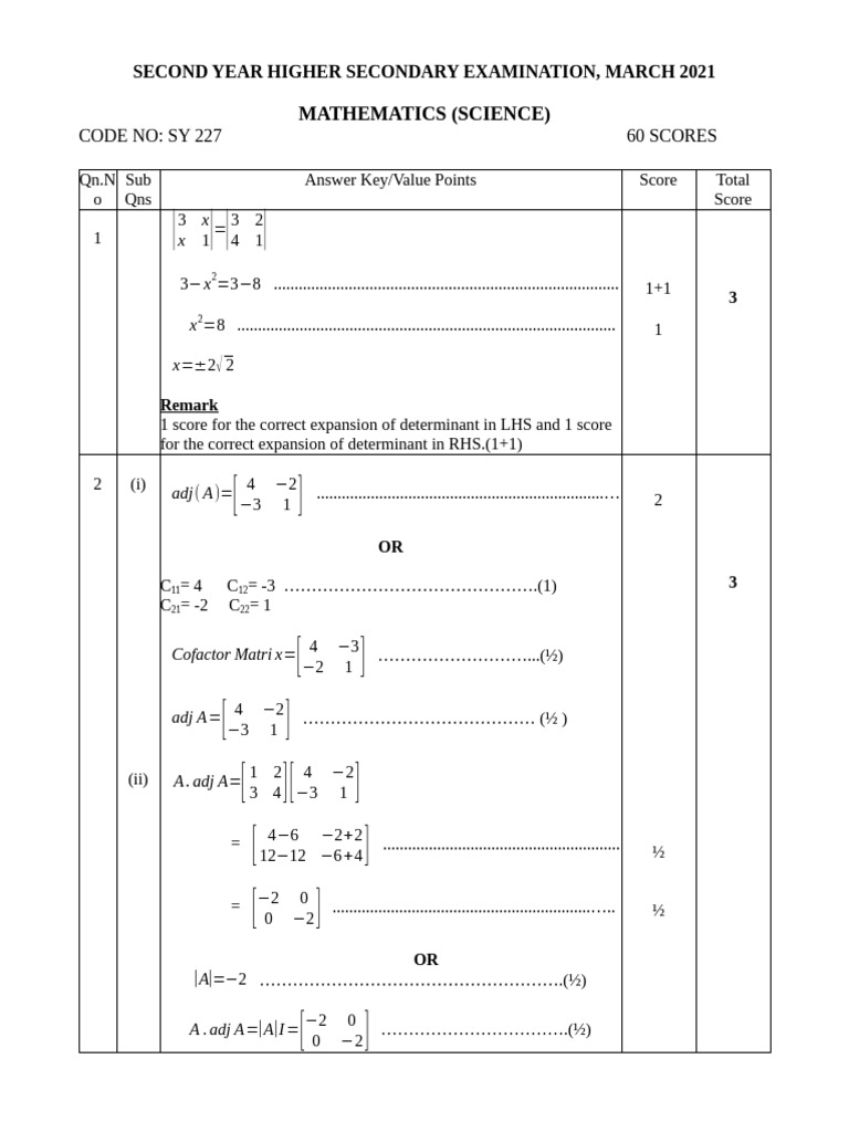 2021 Higher Secondary Math Exam Key | PDF | Teaching Methods & Materials