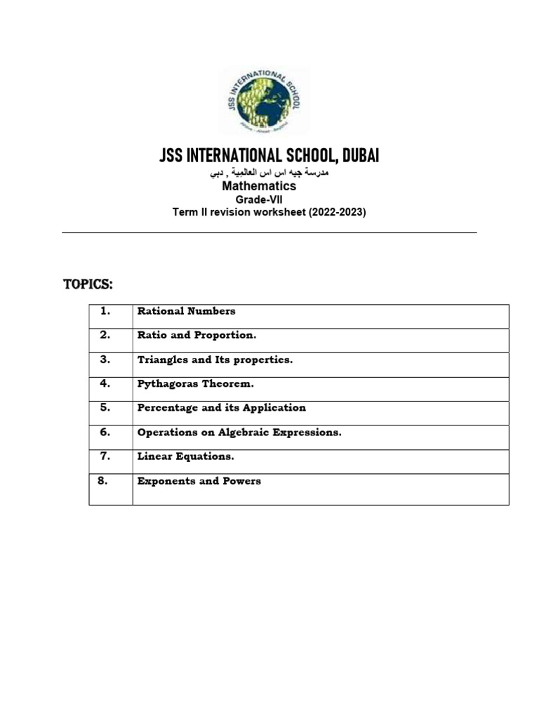 G7 - Revision Worksheet Term 2-2022-23 | PDF | Triangle | Mathematics