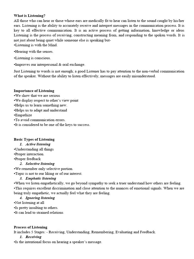 Notes On Effective Listening Skills | PDF | Communication | Nonverbal ...