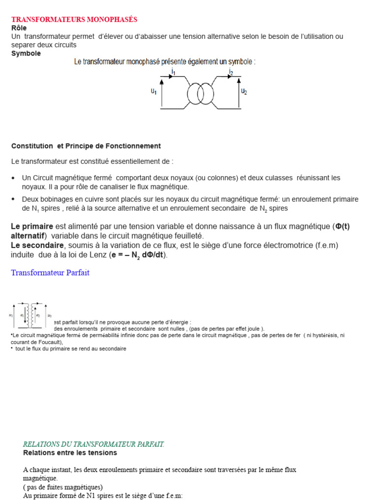 Transformateurs Monophasés : Guide Complet | PDF | Transformateur électrique | Électrotechnique
