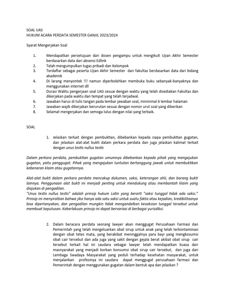 Soal UAS 2024 Mhs Hukum Acara Perdata 2024 | PDF