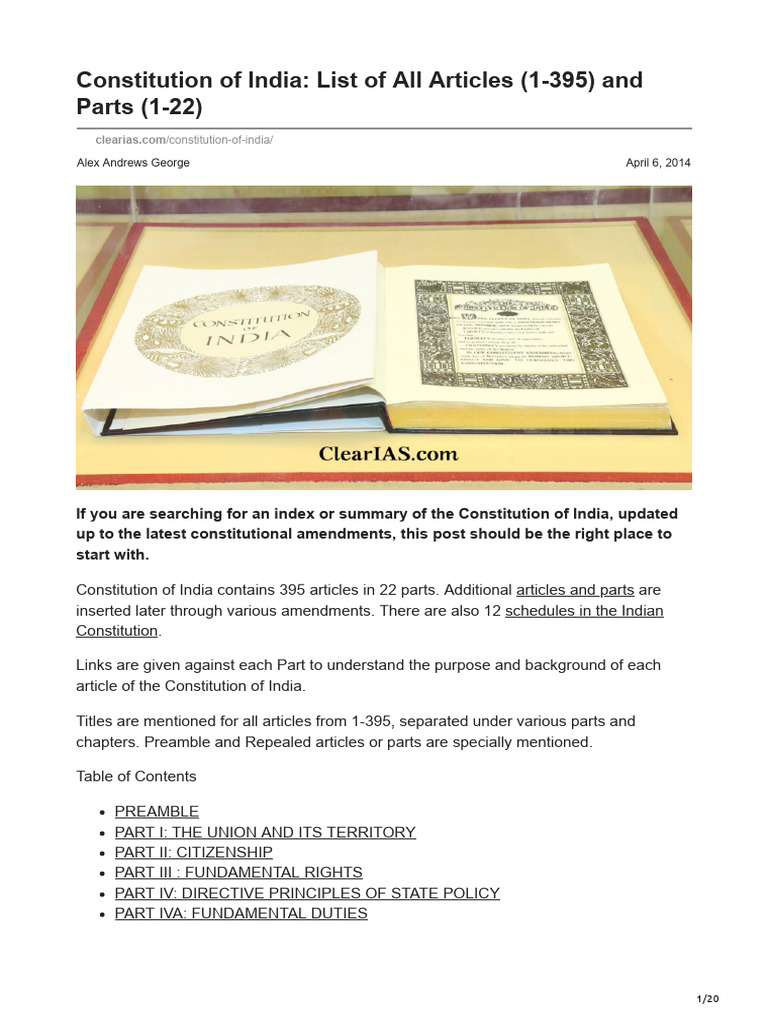 Constitution of India List of All Articles 1-395 and Parts 1-22 | PDF ...