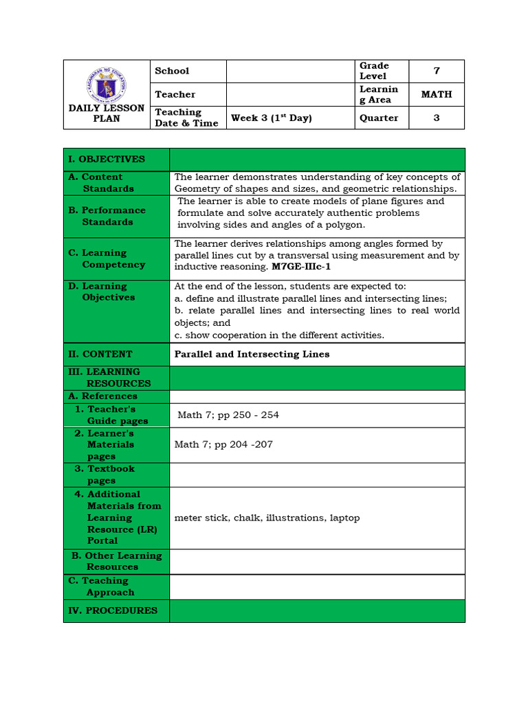 Dlp Math 7 q3 - w3 - d1 With Hots-solo | PDF | Perpendicular | Mathematics