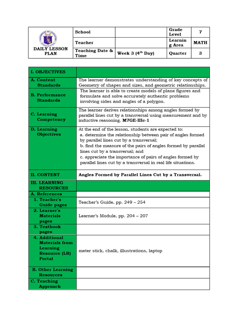DLP Math 7 q3 - w3 - d4 With Hots-Solo | PDF | Angle | Elementary Geometry