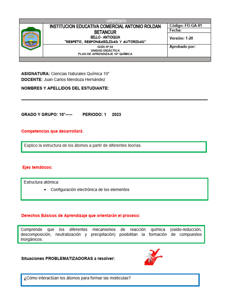 Guía No2 DE APRENDIZAJE 10° QUIMICA 2023 | PDF | Química | Orbital atómico