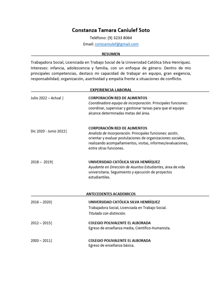 CV Constanza Caniulef | PDF | Trabajo Social
