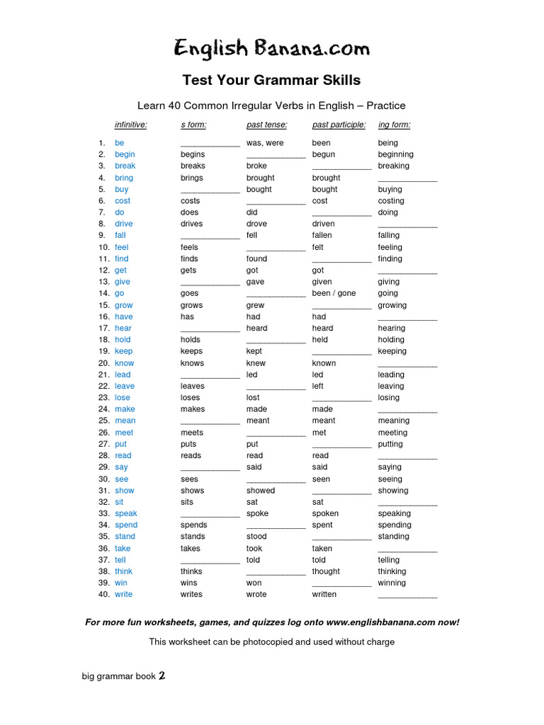 Learn 40 Common Irregular Verbs in English Practice | PDF | Semantic ...