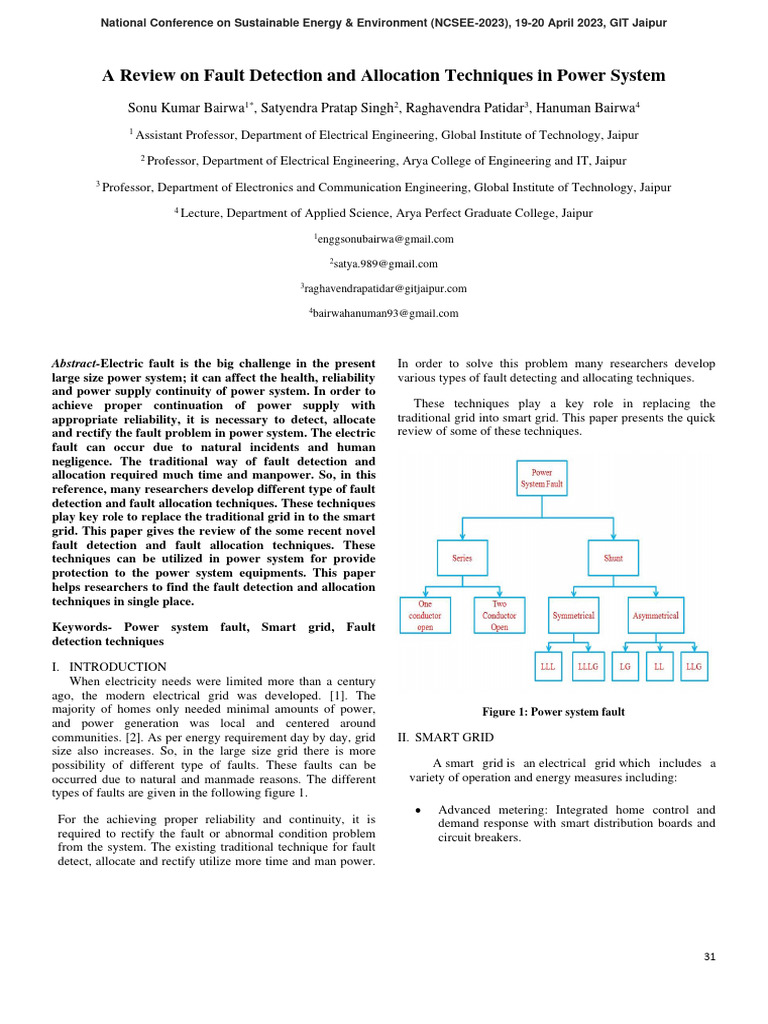 A Review On Fault Detection And Allocation Techniques In Power System Pdf Electrical Grid