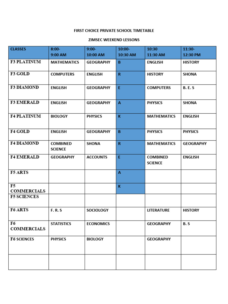 First Choice Private School Timetable | PDF | Social Science