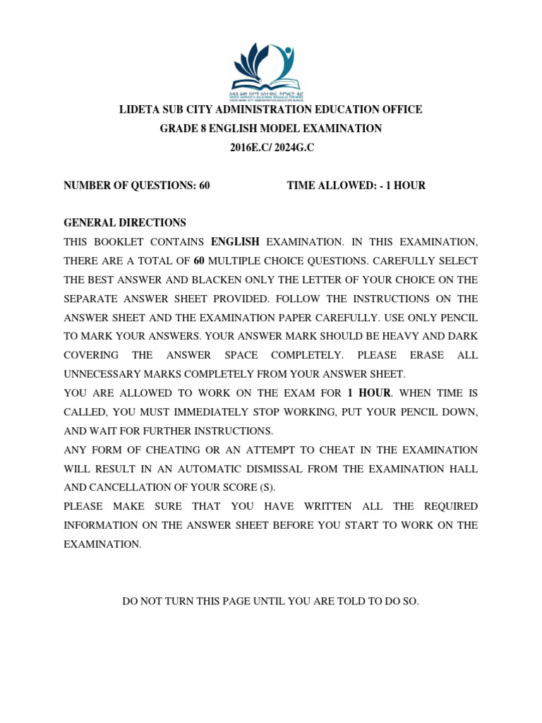 Grade 8 English Model Exam 2024 | PDF | Jeans | Water