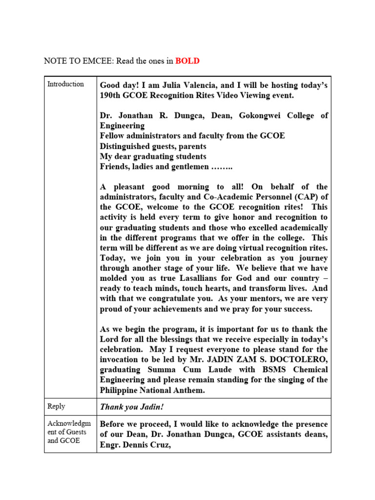 190th GCOE Recognition Rites Host Script | PDF | Engineering | Physical ...