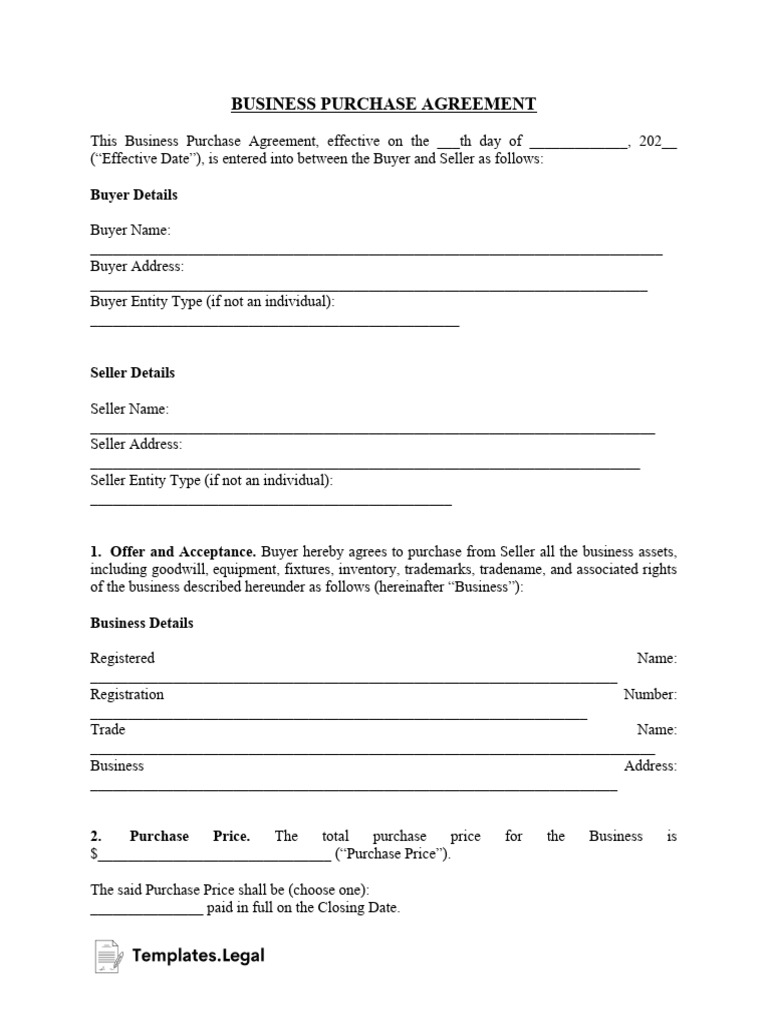Business Purchase Agreement Templates - Legal | Download Free PDF ...