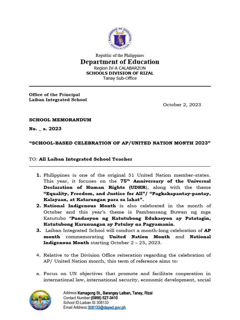 SCHOOL-MEMORANDUM-NO - 2023-School-Based-Celebration-of-AP Month | PDF ...