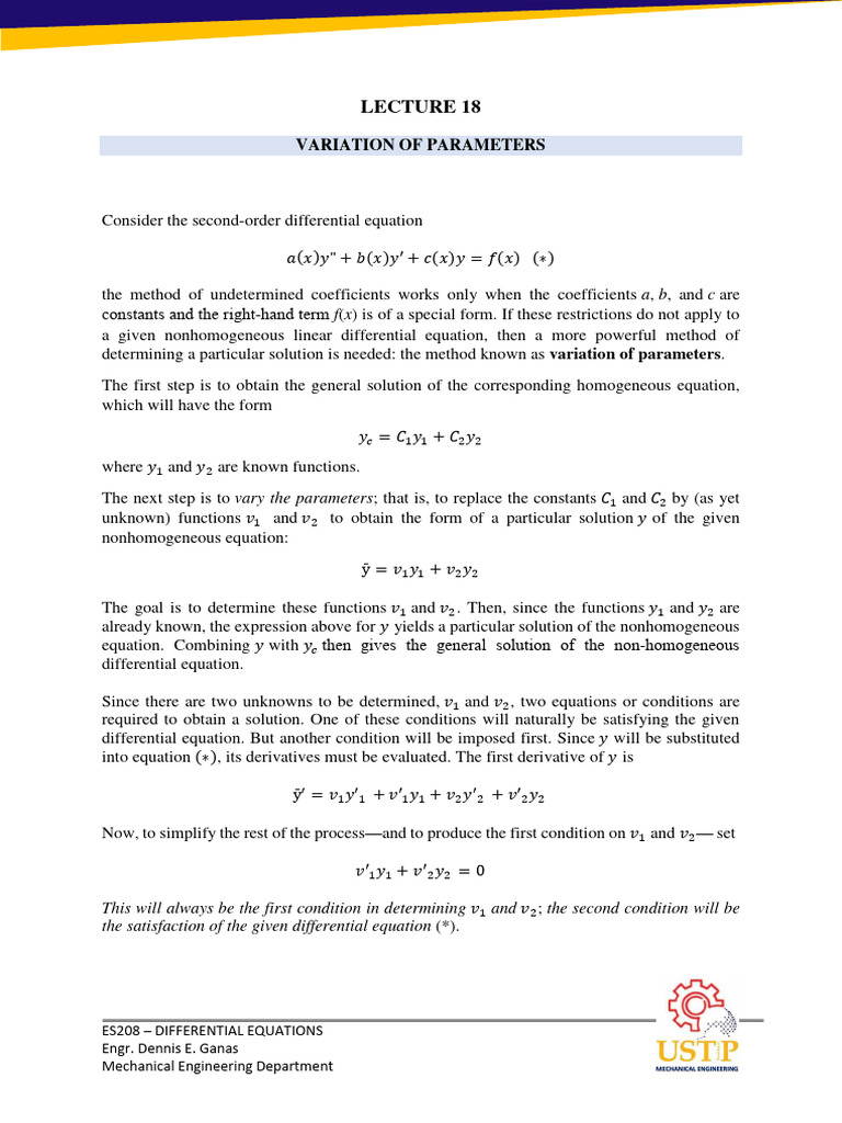 IM DE Chapter 4 Lect 18 VARIATION OF PARAMETERS Revised | PDF ...